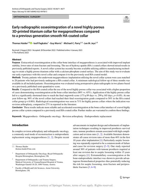 Pdf Early Radiographic Osseointegration Of A Novel Highly Porous 3d Printed Titanium Collar