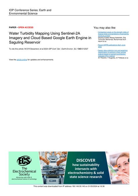 Pdf Water Turbidity Mapping Using Sentinel 2a Imagery And Cloud Based