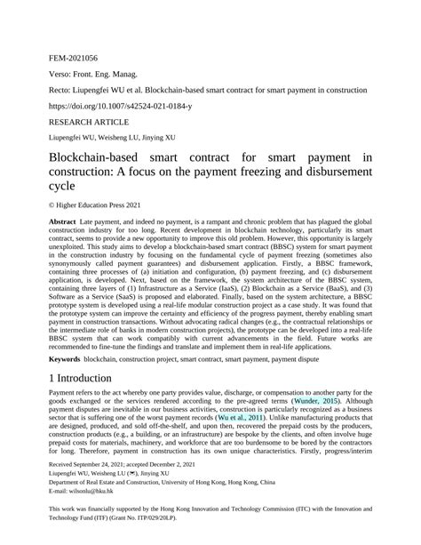PDF Blockchain Based Smart Contract For Smart Payment In Construction A Focus On The Payment