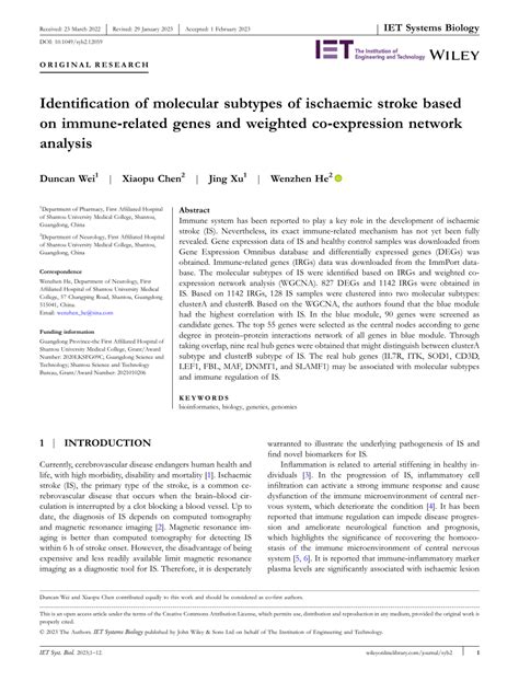 Pdf Identification Of Molecular Subtypes Of Ischaemic Stroke Based On Immune‐related Genes And