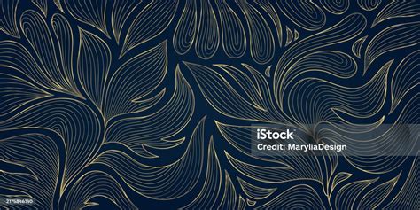 벡터 아트 데코 잎 꽃 패턴 선 식물 Noueveau 멋진 그림 블루 그라데이션 반짝이는 물결 모양의 배경에 럭셔리 골드 정글 일본어 인쇄 금색에 대한 스톡 벡터 아트 및