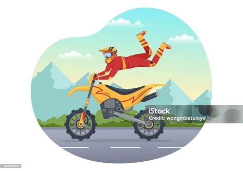 진흙 바위가 많은 도로 익스트림 스포츠 플랫 만화 손으로 그린 템플릿에서 자전거를 타는 라이더와 함께 하는 모토크로스 그림 Championship에 대한 스톡 벡터 아트 및