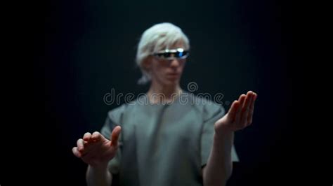 man touching interactive interface augmented reality specialist wearing headset stock image