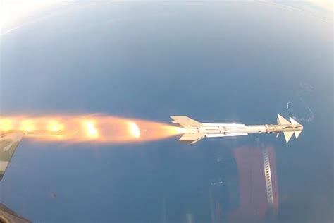 close up view on a python 4 air to air missile just fired by an f 5em