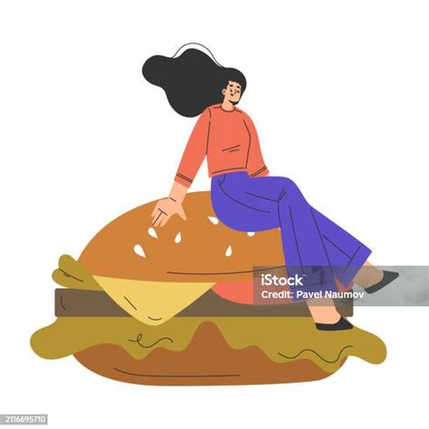 패스트 푸드 와 여자 캐릭터 앉아 통하고 있는 큰 햄버거 벡터 일러스트 미식가에 대한 스톡 벡터 아트 및 기타 이미지 미식가