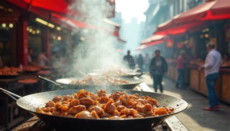 Lively Asian Street Food Market Scene With Steaming Pots Sizzling