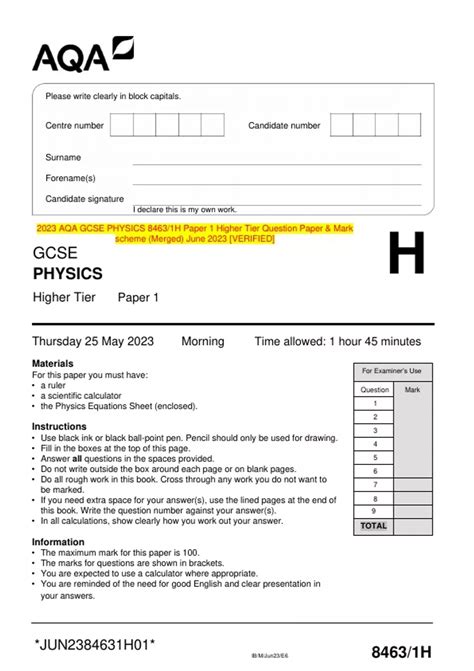 2023 Aqa Gcse Physics 8463 1h Paper 1 Higher Tier Question Paper And Mark Scheme Merged June