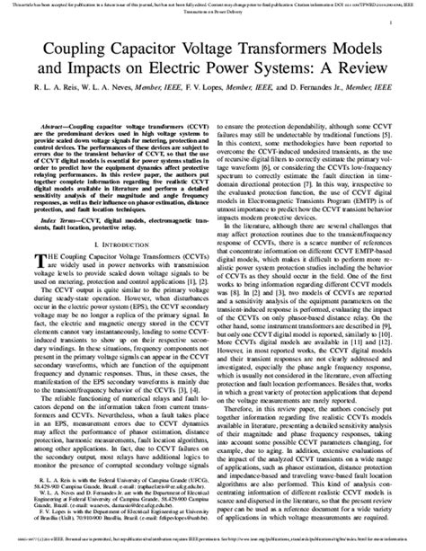 Pdf Coupling Capacitor Voltage Transformers Models And Impacts On Electric Power Systems A Review