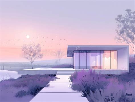 Minimalist Eco Villa Blueprint With Lavender Tinted Horizon And