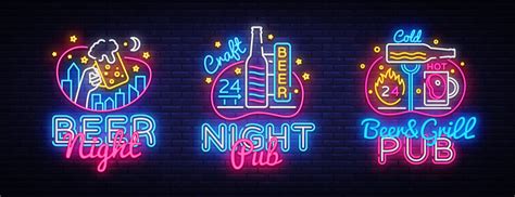 큰 세트 네온 간판 테마 맥주 맥주 술집 네온 배너 벡터입니다 디자인 서식 파일 현대 동향 디자인 야간 조명 간판 밤 밝은 광고 벡터 일러스트 곡초류에 대한 스톡 벡터 아트