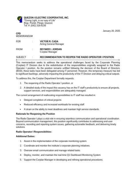 Memo Recommendation For Radio Operator Draft Pdf