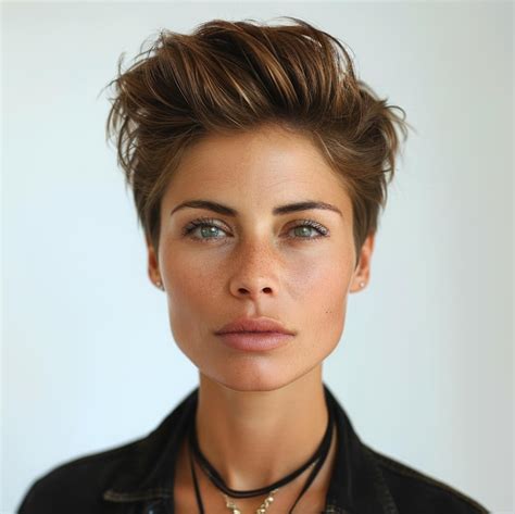 A Woman With Short Hair And A Black Jacket Is Wearing A Necklace
