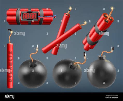 Realistic bombs, burning dynamite bomb sticks and explosive firecrackers. Dynamite bombs ...