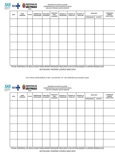 Ficha Controle De Resultado Para Monitorização Biologica Da