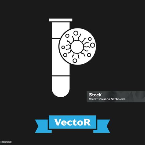 검은 배경에 고립 된 바이러스 및 박테리아 아이콘이있는 흰색 실험실 유리 테스트 튜브 분석 미생물 연구 진단 벡터 일러스트레이션