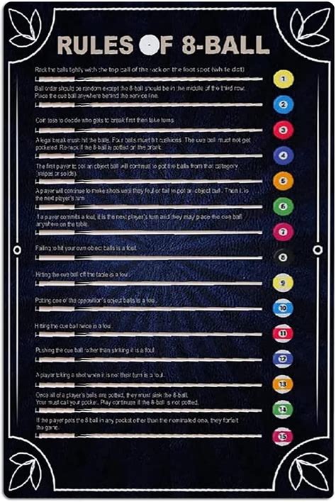 Jiufotk Rules Of 8 Ball Metal Tin Sign Beginners Guide To