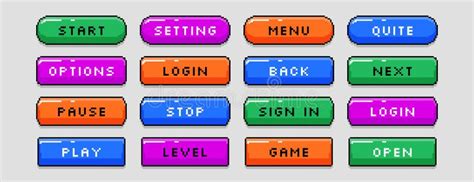 8bit Retro Pixel Art Buttons Interface Menu Icons And Retro Video Game Symbols Stock