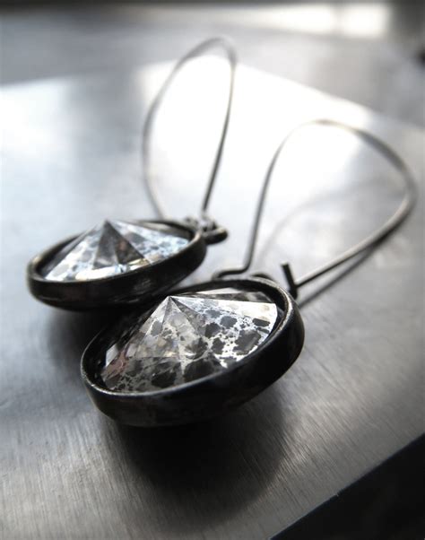 Black Silver Patina Crystal Earrings Mercury Glass Rivoli Crystal