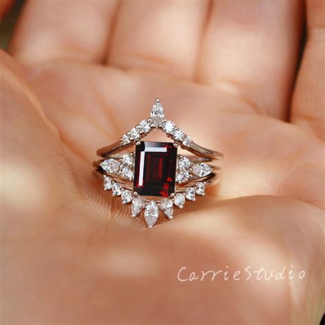 Natural Emerald Cut Red Garnet Ring Setgranet Engagement Ringsilver