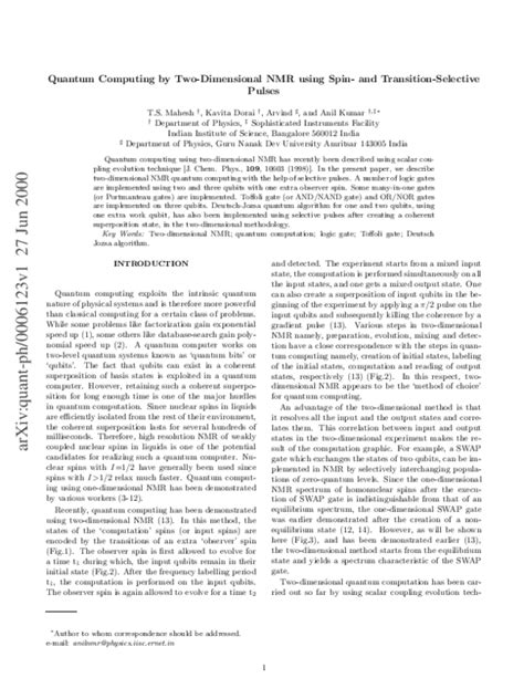 Pdf Quantum Computing By Two Dimensional Nmr Using Spin And Transition Selective Pulses