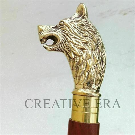 Brass Wolf Head Handle Victorian Style Wood Walking B Gem