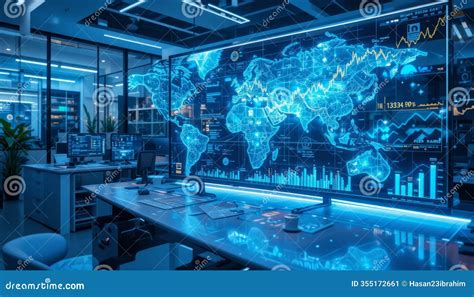Global Network Monitoring Center Futuristic Technology Data Visualization World Map Screen