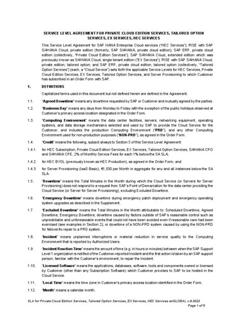 Service Level Agreement For Private Cloud Edition Services Tailored Option Services Ex Services
