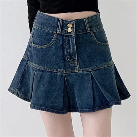샵어라운드 딥블루 하프 플리츠 투버튼 데님 미니스커트 플리츠 청치마 하이웨스트치마 속바지치마 청치마바지 위시버킷