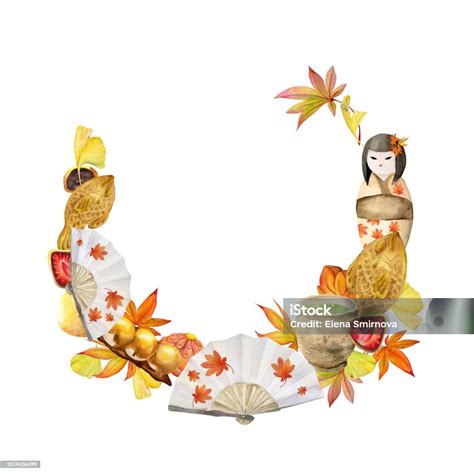 수채화 손으로 그린 일본 전통 과자 나뭇잎 물건이 있는 가을 화화환 흰색 배경에 격리되어 있습니다 초대장 레스토랑 메뉴 인사말 카드 인쇄 섬유 디자인 0명에 대한 스톡 벡터
