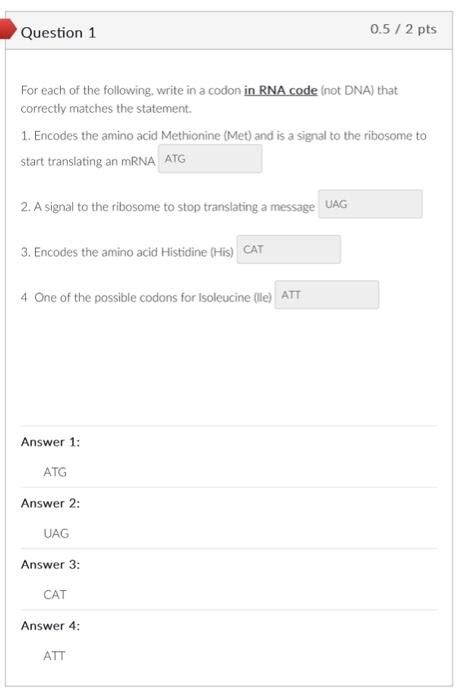 Solved For Each Of The Following Write In A Codon In Rna