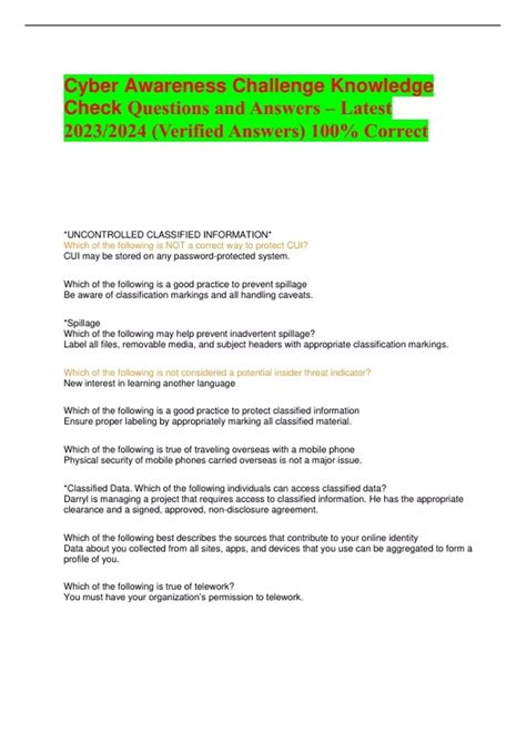 Cyber Awareness Challenge Knowledge Check Questions And Answers Latest 2023 2024 Verified
