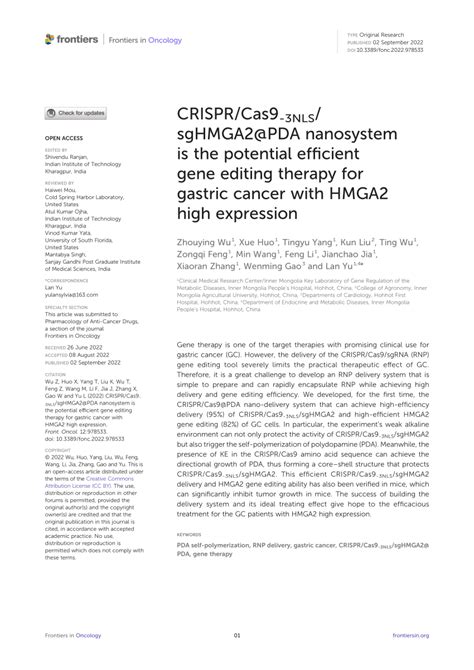 Pdf Crispr Cas9 3nls Sghmga2 Pda Nanosystem Is The Potential Efficient Gene Editing Therapy
