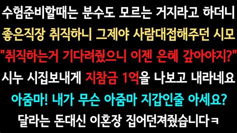 사이다사연 며느리 등골 뽑아먹으려던 시댁에 돈대신 이혼장 던져줬어요 실화사연사이다 실화사연 Youtube