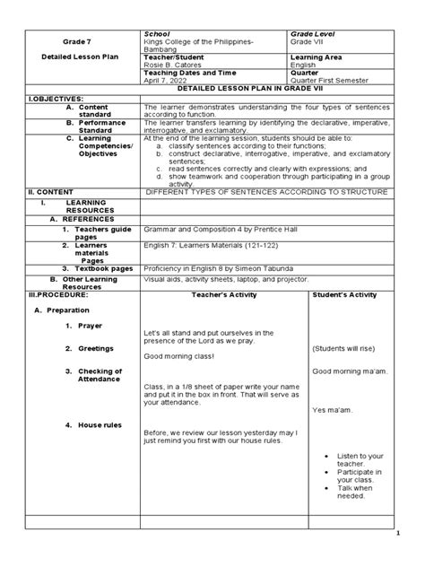 Lesson Plan In Subject Verb Agreement Pdf Question Sentence