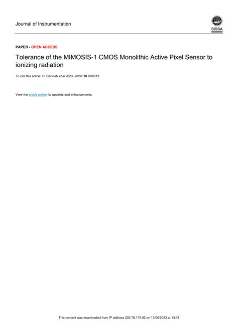 Pdf Tolerance Of The Mimosis 1 Cmos Monolithic Active Pixel Sensor To Ionizing Radiation
