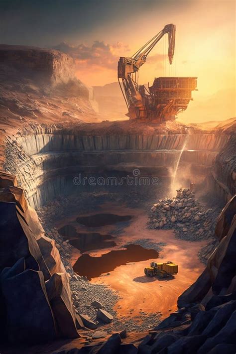 Open Pit Mining Operation At Sunset With An Excavator Mining A Wall