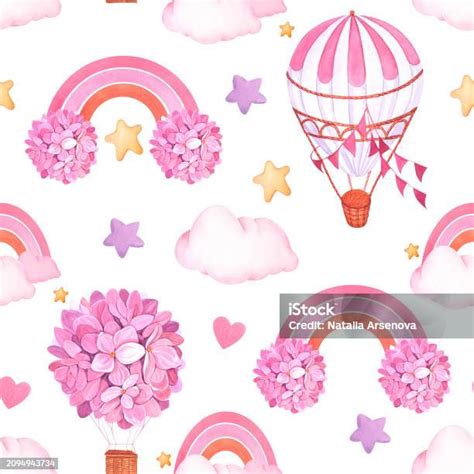 수채화 완벽 한 패턴 구름 무지개 공기 풍선 및 별 분홍색 아이 셔츠 디자인 보육원 장식 파티 초대장 스크랩북 포장 포스터 0명에 대한 스톡 벡터 아트 및 기타 이미지