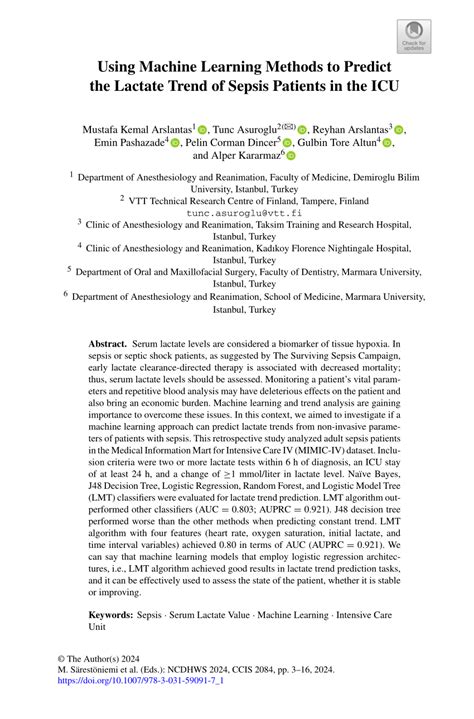 Pdf Using Machine Learning Methods To Predict The Lactate Trend Of Sepsis Patients In The Icu