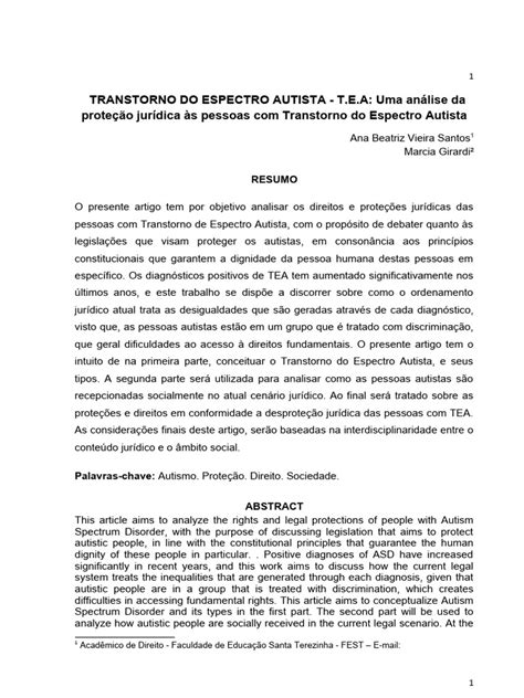 Artigo Transtorno Do Espectro Autista T E A Uma Análise Da Proteção Jurídica Pdf