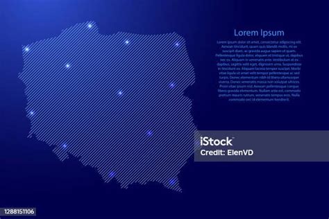 파란색 패턴의 폴란드지도는 평행선과 빛나는 우주 별 격자를 기울입니다 벡터 그림입니다 0명에 대한 스톡 벡터 아트 및 기타