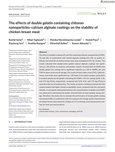 Pdf The Effects Of Double Gelatin Containing Chitosan Nanoparticlescalcium Alginate Coatings