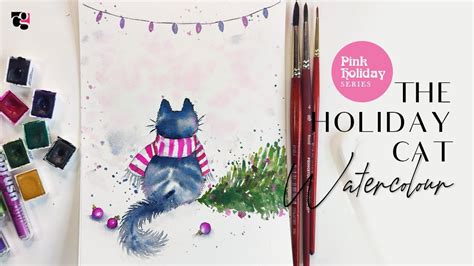Watercolour Pink Holiday Cat Diy Tutorial Christmas Greetings And Art