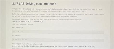 Solved 2 17 LAB Driving Cost Methods Write A Method Chegg Com
