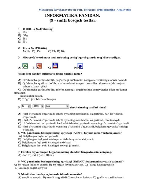 9 Sinf Informatika Test Va Javob Informatika Amaliyotda Pdf