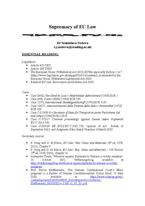 Supremacy Of Eu Law Handout Supremacy Of Eu Law Dr Stanislava Nedeva S Y Reading Ac