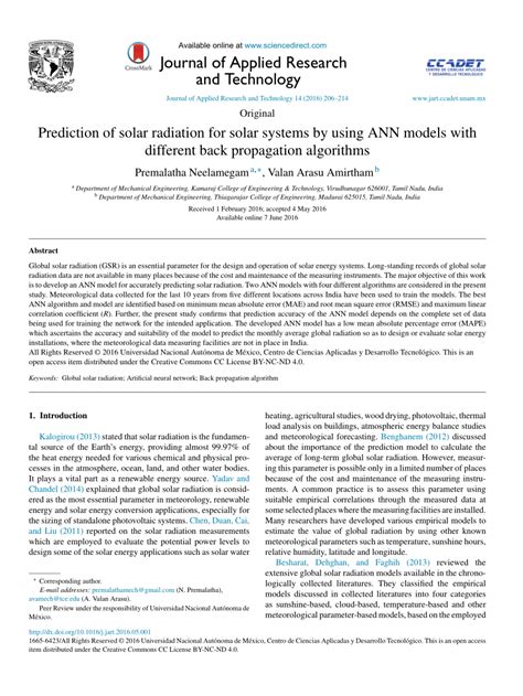 PDF Prediction Of Solar Radiation For Solar Systems By Using ANN Models With Different Back