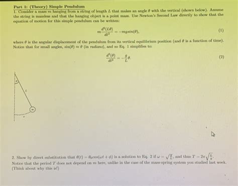 Solved Part 1 Theory Simple Pendulum 1 Consider A Mass M