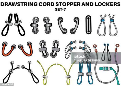 드로우 스트링 코드 스토퍼 플랫 스케치 벡터 일러스트 레이터 Draw 문자열 잠금 슬라이더 세트는 가방 백 백 재킷 반바지 용 패스너를 토글합니다 플라스틱 드로코드 잠금 끝