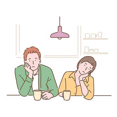 유토이미지 카페에 앉아 무기력한 표정을 하고 있는 두사람 손그림 스타일 일러스트레이션