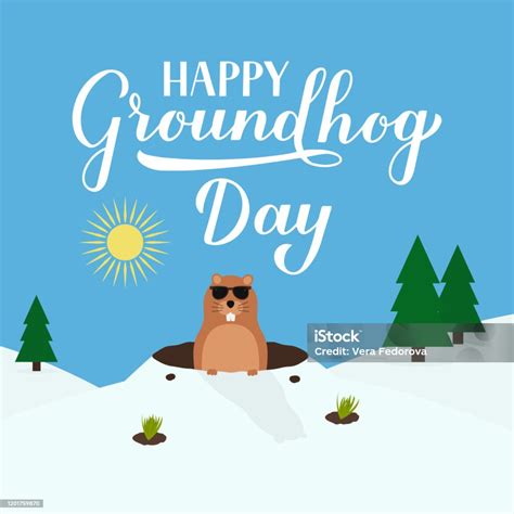 화창한 날에 구멍에서 크롤링 현대 서예 손 글자와 귀여운 만화 마모트와 그라운드 호그 데이 벡터 일러스트 엽서 포스터 배너 전단지 등을위한 벡터 템플릿 성촉절 공휴일에 대한